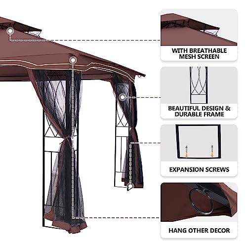 GARTOO 11'x13' Outdoor Patio Gazebo - Porch Gazebo with Polyester Roof & Breathable Netting, Best for Garden, Lawn, Backyard Deck (Chocolate)