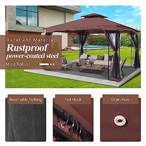 GARTOO 11'x13' Outdoor Patio Gazebo - Porch Gazebo with Polyester Roof & Breathable Netting, Best for Garden, Lawn, Backyard Deck (Chocolate)