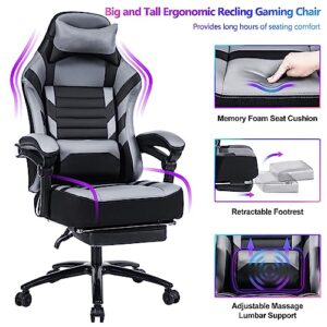 Fantasylab Big and Tall Gaming Chair 400lb Gaming Chair with Footrest Massage Gaming Chair Memory Foam Adjustable Tilt Back Angle and Arm High