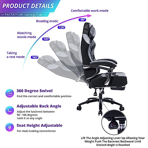 Fantasylab Big and Tall Gaming Chair 400lb Gaming Chair with Footrest Massage Gaming Chair Memory Foam Adjustable Tilt Back Angle and Arm High