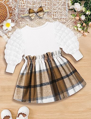 Qaoerde Baby Girl Dresses 12-18 Months Baby Girl Dress Puff Sleeve Brown Plaid Dress Baby Girls' Dresses Baby Dresses 12-18 Months Baby Girl Fall Dress Baby Girl Winter Dress Thanksgiving Outfit