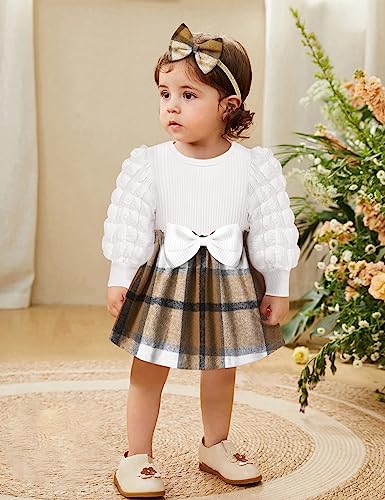 Qaoerde Baby Girl Dresses 12-18 Months Baby Girl Dress Puff Sleeve Brown Plaid Dress Baby Girls' Dresses Baby Dresses 12-18 Months Baby Girl Fall Dress Baby Girl Winter Dress Thanksgiving Outfit