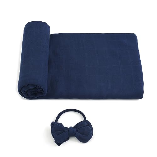 Muslin Swaddle Blanket with Bow Headband, 100% Bamboo Viscose Solid Dark Blue Unisex Swaddle Wrap, Soft Silky Muslin Swaddle Blankets Neutral Receiving Blanket for Newborn, Large 47'' X47''