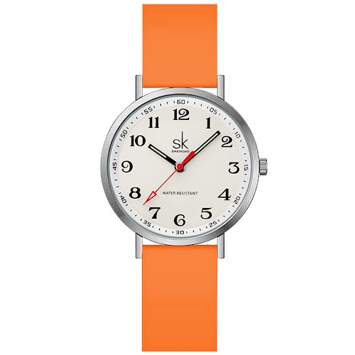 SHENGKE SK Ultra Thin Fashion Sport Sweatproof Women Watch Ladies Watch with Easy Read Dial and Colorful Silicone Band (Silver-Orange)