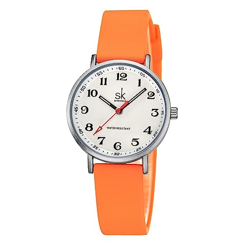 SHENGKE SK Ultra Thin Fashion Sport Sweatproof Women Watch Ladies Watch with Easy Read Dial and Colorful Silicone Band (Silver-Orange)