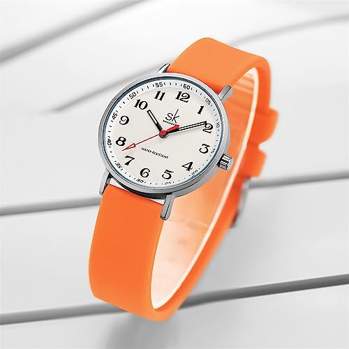 SHENGKE SK Ultra Thin Fashion Sport Sweatproof Women Watch Ladies Watch with Easy Read Dial and Colorful Silicone Band (Silver-Orange)