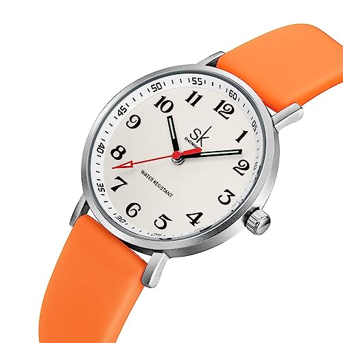 SHENGKE SK Ultra Thin Fashion Sport Sweatproof Women Watch Ladies Watch with Easy Read Dial and Colorful Silicone Band (Silver-Orange)