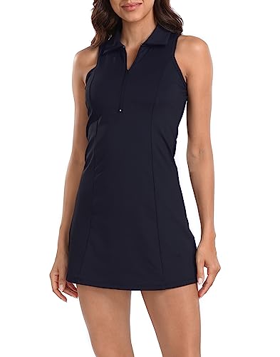 HDE Women's Tennis Dress Sleeveless Athletic Zip Up Golf Dresses with Separate Shorts Black - M