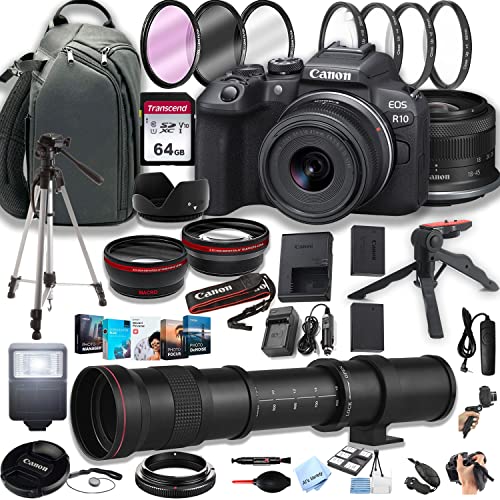 Canon EOS R10 Mirrorless Digital Camera with RF-S 18-45mm f/4.5-6.3 is STM Lens+ 420-800mm Super Telephoto Lens + 100S Sling Backpack + 64GB Memory Card, Extreem Photo Bundle (42pc Bundle)