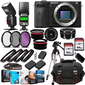 sony a6600 mirrorless camera (ilce6600/b) e pz 16-50mm f/3.5-5.6 oss lens+case+128 gig memory cards+ttl flash+tripod(17pc) bundle