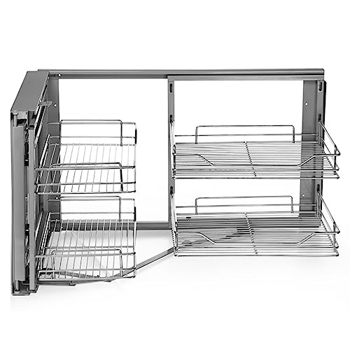 YEKIM Stainless Steel Shelving, Blind Corner Cabinet Pull Out 15" Opening, 2 4 Tier Baskets Concealed Roller Slide Out Shelf, Corner Basket Drawer,Right