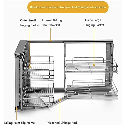 YEKIM Stainless Steel Shelving, Blind Corner Cabinet Pull Out 15" Opening, 2 4 Tier Baskets Concealed Roller Slide Out Shelf, Corner Basket Drawer,Right