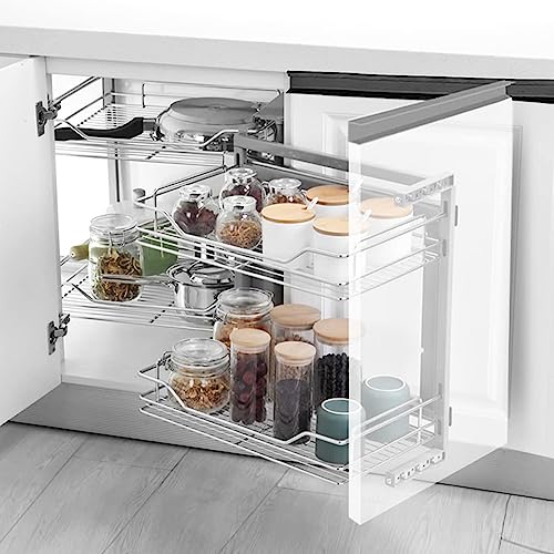 YEKIM Stainless Steel Shelving, Blind Corner Cabinet Pull Out 15" Opening, 2 4 Tier Baskets Concealed Roller Slide Out Shelf, Corner Basket Drawer,Right