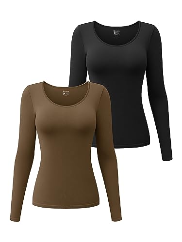 OQQ Women's 2 Piece Long Sleeve Shirt Round Neck Stretch Fitted Underscrubs Layer, Black,coffee, Small