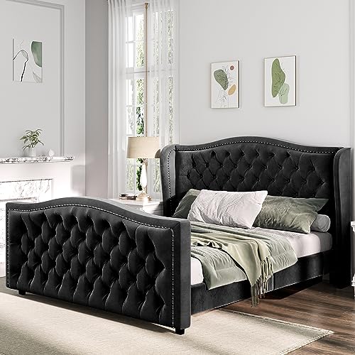 Nathaniel Home King Size Platform Bed Frame with Headboard, Velvet Upholstered Tufted Bed Frame King with Diamond Button Footboard, Bunkie Slats, Easy Assembly, No Box Spring Needed