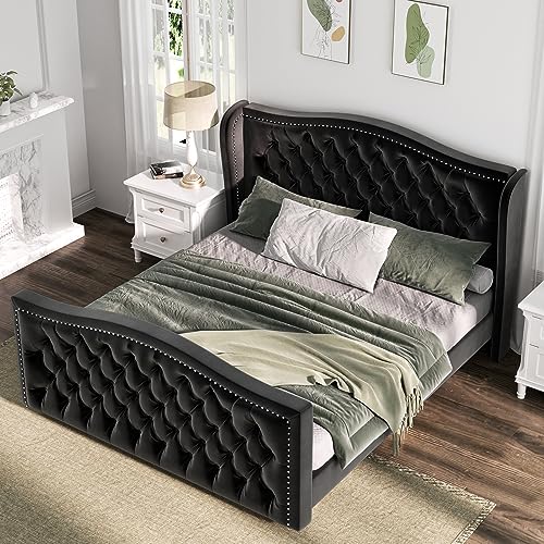 Nathaniel Home King Size Platform Bed Frame with Headboard, Velvet Upholstered Tufted Bed Frame King with Diamond Button Footboard, Bunkie Slats, Easy Assembly, No Box Spring Needed