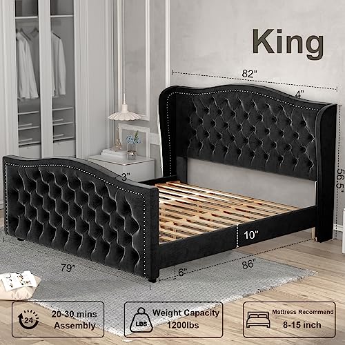 Nathaniel Home King Size Platform Bed Frame with Headboard, Velvet Upholstered Tufted Bed Frame King with Diamond Button Footboard, Bunkie Slats, Easy Assembly, No Box Spring Needed