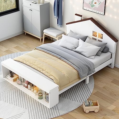 Harper & Bright Designs Full Size Platform Bed with Storage and Headboard Footboard LED Lights, Solid Wood House Bed Frame, No Box Spring Needed, Easy Assembly (White)