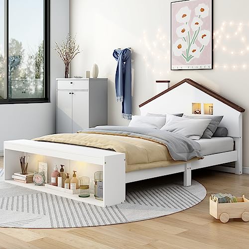 Harper & Bright Designs Full Size Platform Bed with Storage and Headboard Footboard LED Lights, Solid Wood House Bed Frame, No Box Spring Needed, Easy Assembly (White)