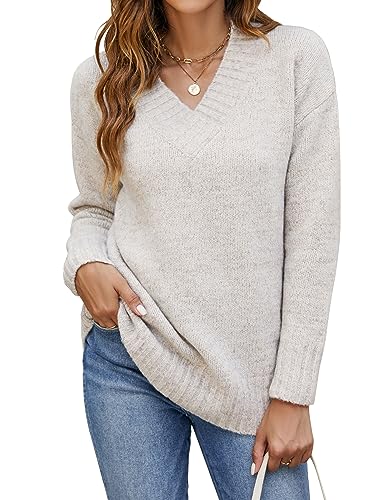 Bluetime Women Casual Long Sleeve Sweaters Soft Loose Fit Cable Knit Pullover V Neck Oversized Tunic Sweater Tops (L, Light Apricot)