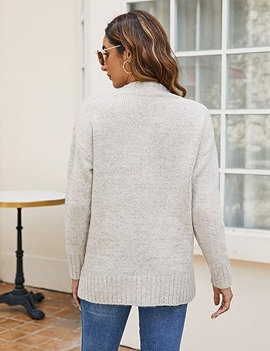 Bluetime Women Casual Long Sleeve Sweaters Soft Loose Fit Cable Knit Pullover V Neck Oversized Tunic Sweater Tops (L, Light Apricot)