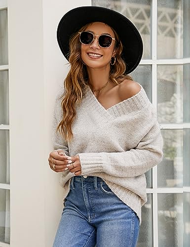 Bluetime Women Casual Long Sleeve Sweaters Soft Loose Fit Cable Knit Pullover V Neck Oversized Tunic Sweater Tops (L, Light Apricot)