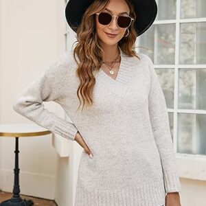 Bluetime Women Casual Long Sleeve Sweaters Soft Loose Fit Cable Knit Pullover V Neck Oversized Tunic Sweater Tops (L, Light Apricot)