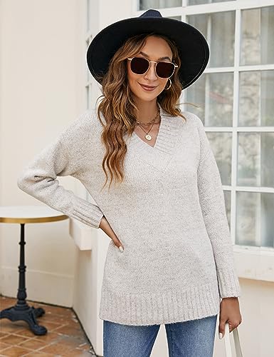 Bluetime Women Casual Long Sleeve Sweaters Soft Loose Fit Cable Knit Pullover V Neck Oversized Tunic Sweater Tops (L, Light Apricot)