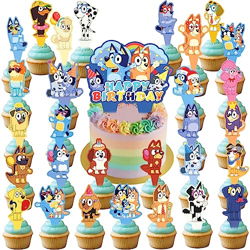 Blue Dog Birthday Party Supplies, Blue Party Decorations Cake Topper for Kid, Boys and Girls Happy Birthday Cupcake Toppers