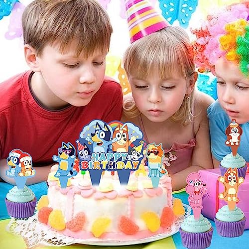 Blue Dog Birthday Party Supplies, Blue Party Decorations Cake Topper for Kid, Boys and Girls Happy Birthday Cupcake Toppers