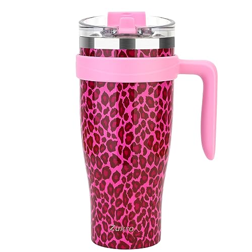 Zukro 40 oz Mug Tumbler With Flip Straw and Handle, Leak Proof Vacuum Insulated Stainless Steel Cup with 2-in-1 Lid Fit in Cup Holder, No Sweat, Keeps Cold for 24 Hours, Rose Cheetah