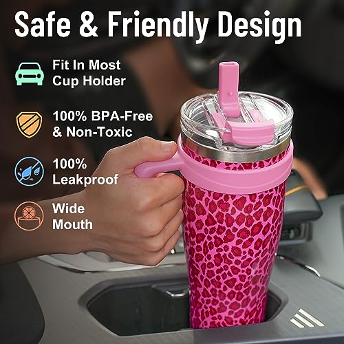 Zukro 40 oz Mug Tumbler With Flip Straw and Handle, Leak Proof Vacuum Insulated Stainless Steel Cup with 2-in-1 Lid Fit in Cup Holder, No Sweat, Keeps Cold for 24 Hours, Rose Cheetah