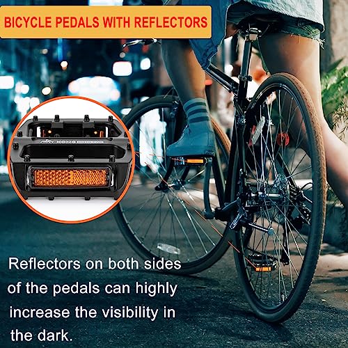 Mountain Bike Pedals 9/16 Inch - Bicycle Flat Pedals with Reflectors - Lightweight Aluminum Alloy Wide Platform Pedals for Mountain Bike, BMX, Road Bike Pedals (Black)