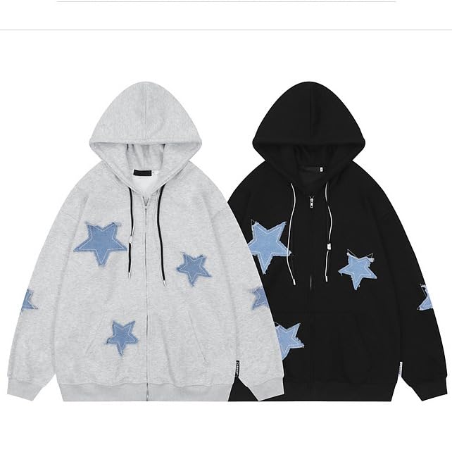 Y2K Hoodies Gothic Stars Jacket Fairy Grunge Pullover Sweatshirt Harajuku Streetwear Acubi Emo Oversized Hooded Tops (Black,L)