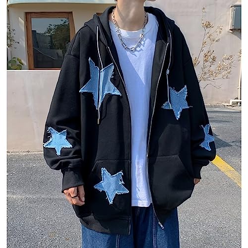 Y2K Hoodies Gothic Stars Jacket Fairy Grunge Pullover Sweatshirt Harajuku Streetwear Acubi Emo Oversized Hooded Tops (Black,L)