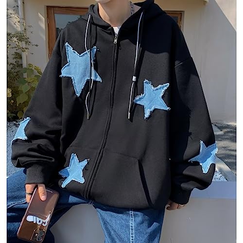 Y2K Hoodies Gothic Stars Jacket Fairy Grunge Pullover Sweatshirt Harajuku Streetwear Acubi Emo Oversized Hooded Tops (Black,L)