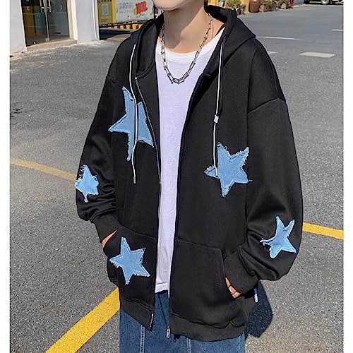 Y2K Hoodies Gothic Stars Jacket Fairy Grunge Pullover Sweatshirt Harajuku Streetwear Acubi Emo Oversized Hooded Tops (Black,L)