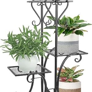 Plant Stand Indoor Outdoor Metal 4 Tier for Plants Multiple Tall Corner Tiered Planter Shelf Rack Iron Potted Flower Pot Holder Stands for Patio, Living Room, Black