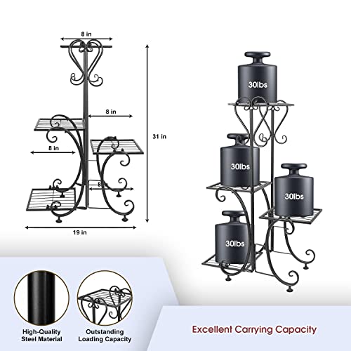 Plant Stand Indoor Outdoor Metal 4 Tier for Plants Multiple Tall Corner Tiered Planter Shelf Rack Iron Potted Flower Pot Holder Stands for Patio, Living Room, Black