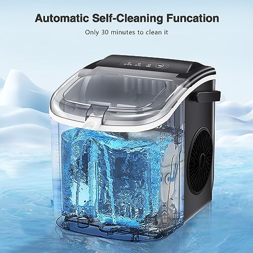 R.W.FLAME Ice Makers Countertop，Ice Maker 6 Minutes 9 Ice Cubes 24 Hours 26 lbs Self-Cleaning Portable Ice Maker with Handle and Ice Scoop, Ice Maker for Home/Office/RV/Party（Black）