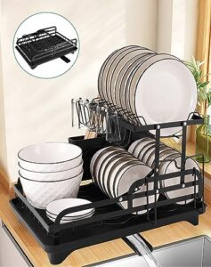 yushindi 2 tier collapsible dish drying rack for kitchen counter，stainless steel dish racks ，space-saving & multipurpose，dish rack for kitchen counter with utensil holder,， large-capacity, black