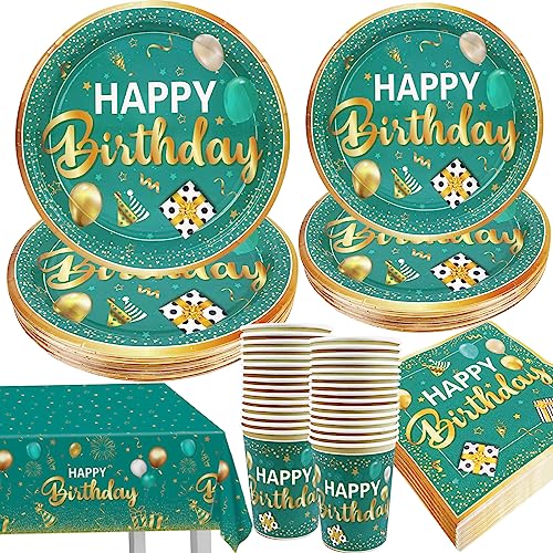 XFongFron Teal and Gold Happy Birthday Decorations Birthday Party Disposable Tableware with Teal Gold Plates Napkins Cups and Tablecloth for 30 Guests