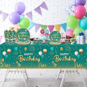 XFongFron Teal and Gold Happy Birthday Decorations Birthday Party Disposable Tableware with Teal Gold Plates Napkins Cups and Tablecloth for 30 Guests