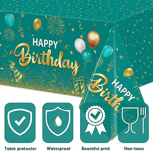 XFongFron Teal and Gold Happy Birthday Decorations Birthday Party Disposable Tableware with Teal Gold Plates Napkins Cups and Tablecloth for 30 Guests