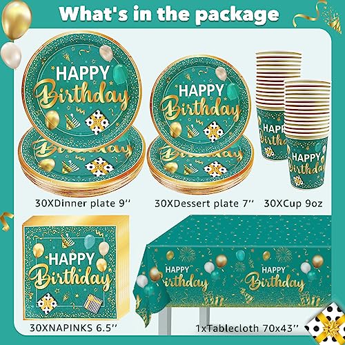 XFongFron Teal and Gold Happy Birthday Decorations Birthday Party Disposable Tableware with Teal Gold Plates Napkins Cups and Tablecloth for 30 Guests