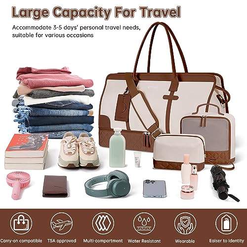 ETRONIK Weekender Overnight Bag for Women, Large Travel Duffle Bag with Shoe Compartment & Wet Pocket, Carry On Tote Bag Gym Duffel Bag with Toiletry Bag, Bag for Hospital 4 Pcs Set, Beige-Brown