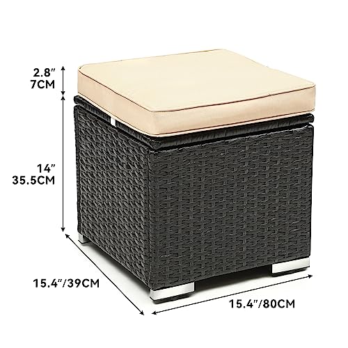 YITAHOME Set of 2 Wicker Ottomans, All Weather Rattan Wicker Ottoman Seat for Patio, Backyard, Additional Seating, Footrest, Side Table w/Storage, Removable Cushions - Brown/Beige