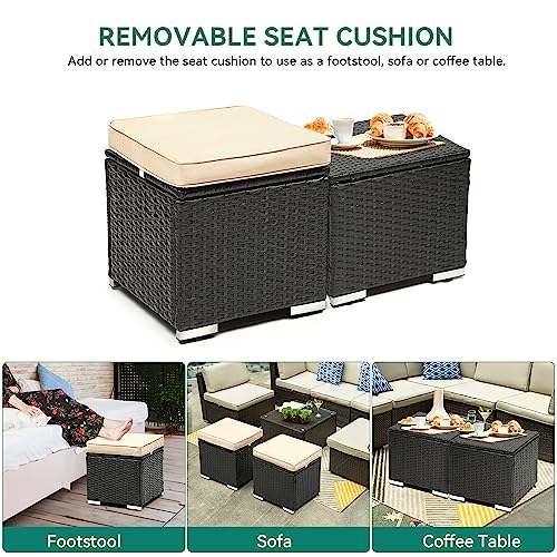 YITAHOME Set of 2 Wicker Ottomans, All Weather Rattan Wicker Ottoman Seat for Patio, Backyard, Additional Seating, Footrest, Side Table w/Storage, Removable Cushions - Brown/Beige