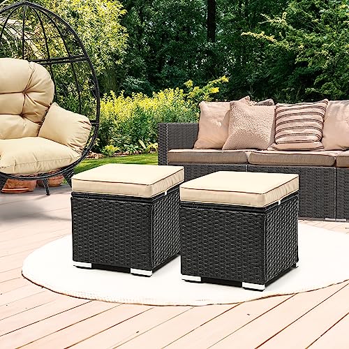 YITAHOME Set of 2 Wicker Ottomans, All Weather Rattan Wicker Ottoman Seat for Patio, Backyard, Additional Seating, Footrest, Side Table w/Storage, Removable Cushions - Brown/Beige