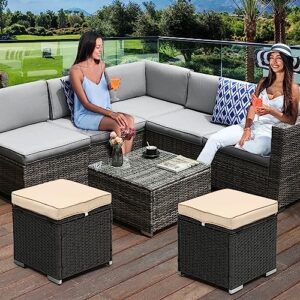 YITAHOME Set of 2 Wicker Ottomans, All Weather Rattan Wicker Ottoman Seat for Patio, Backyard, Additional Seating, Footrest, Side Table w/Storage, Removable Cushions - Brown/Beige